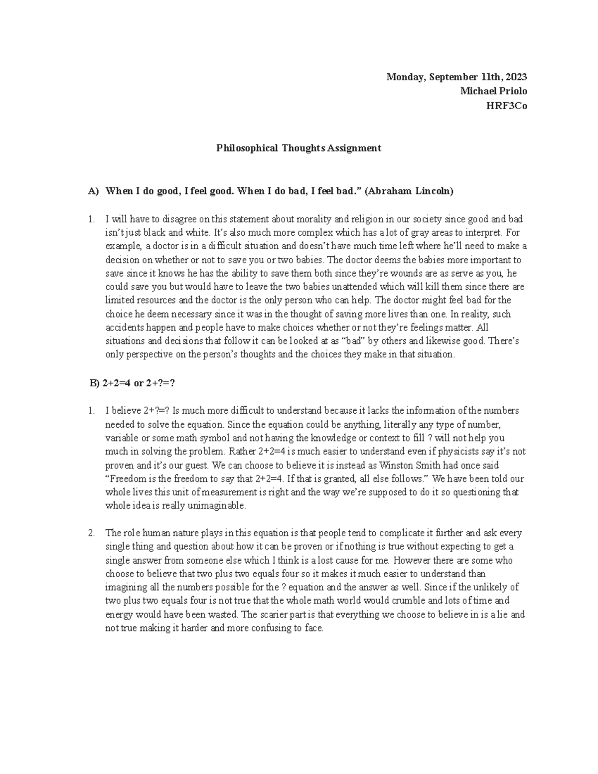 Philosophical Thoughts Assigment - Monday, September 11th, 2023 Michael ...