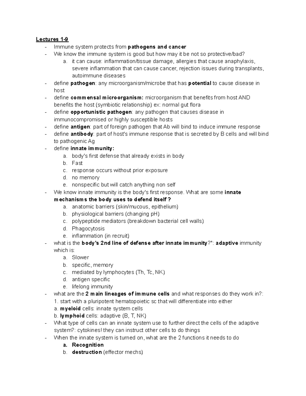 Immunology Lectures 1-9 Notes for Midterm 1 - Lectures 1- Immune system ...