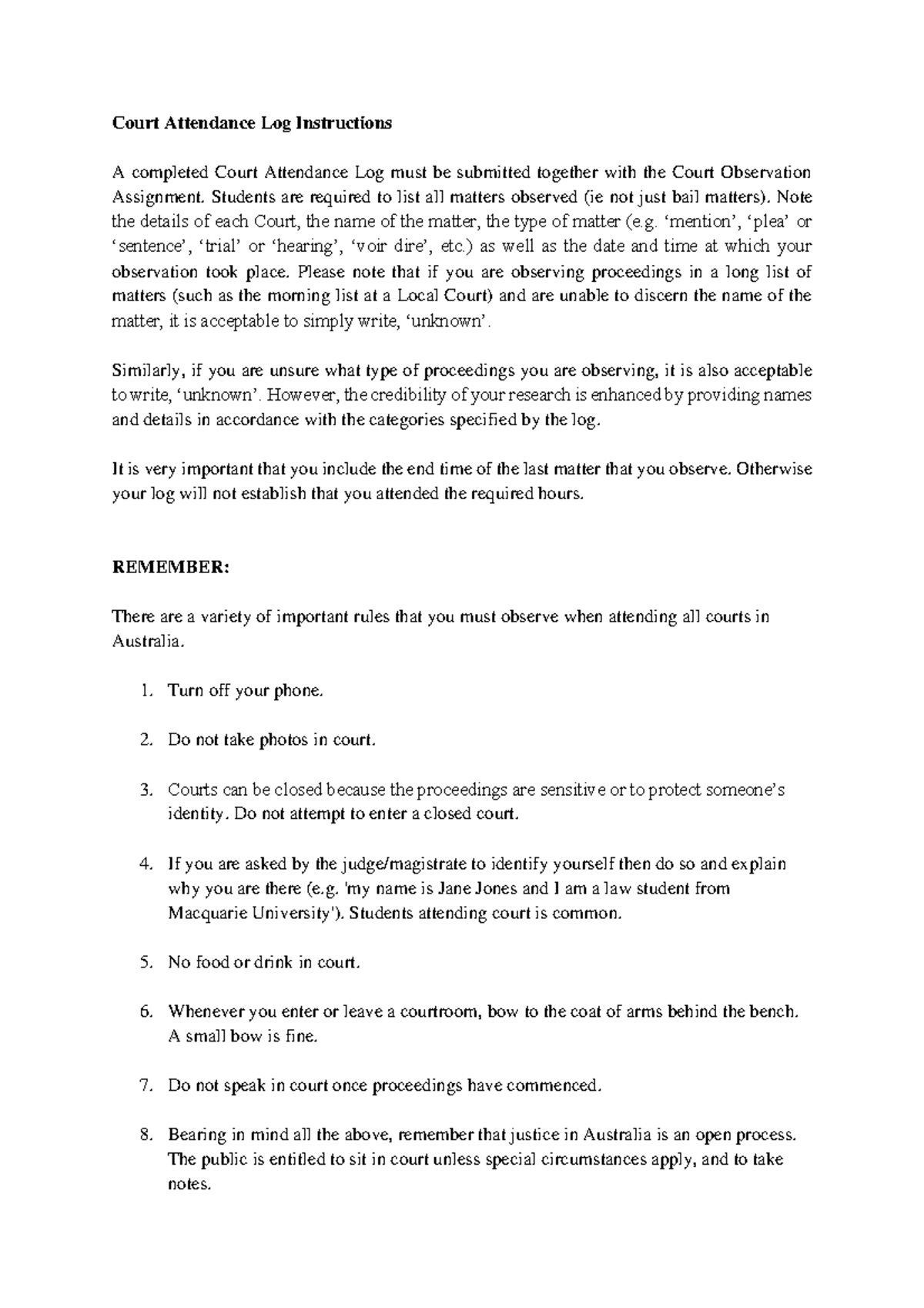 Court Attendance Log Template - Court Attendance Log Instructions A ...