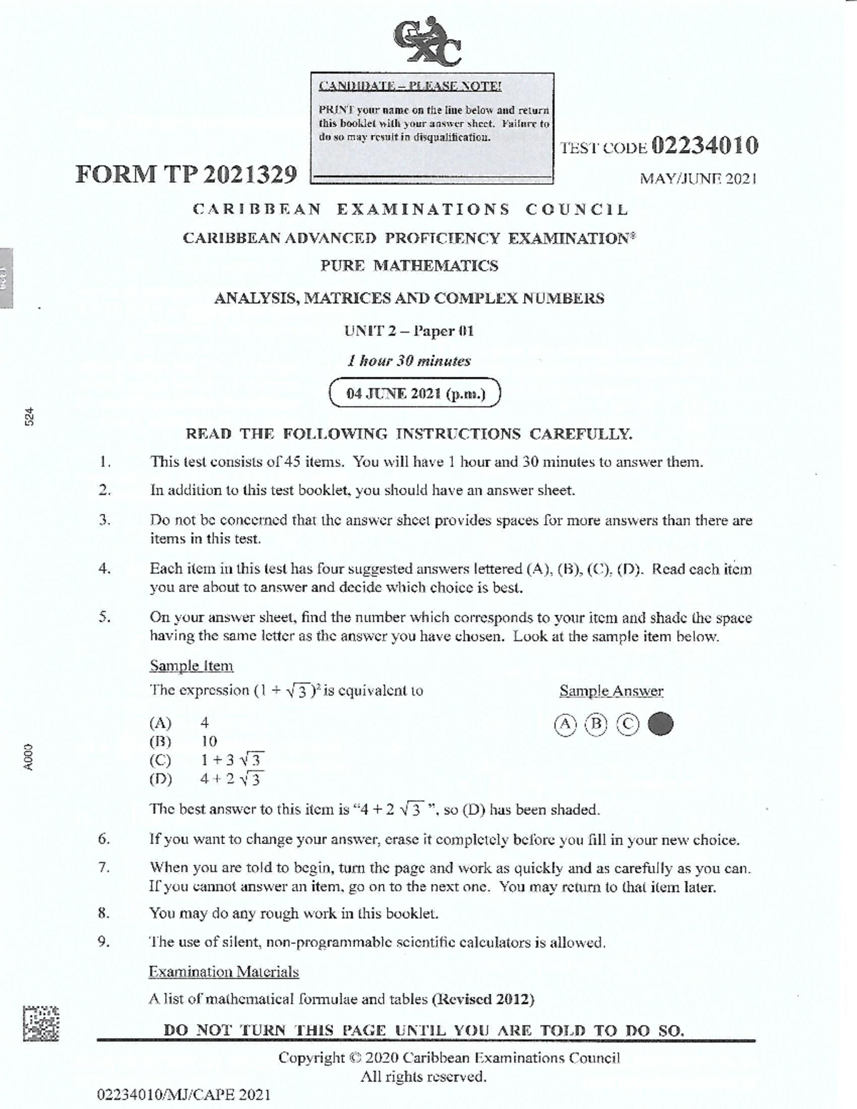 Pure Math Unit 2 2021 - Paper 01 2 - Computer programming 1 - Studocu