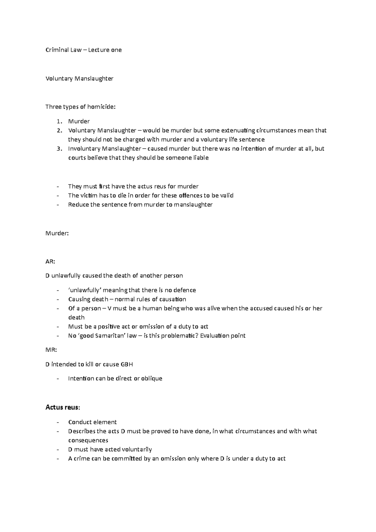 Criminal Law lecture notess - Criminal Law – Lecture one Voluntary ...