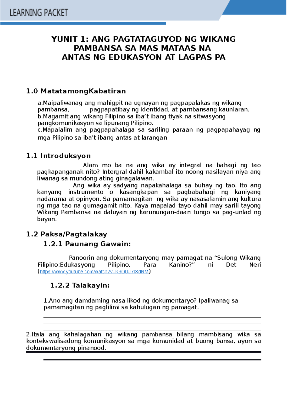 LP-1- Yunit-1 - lecture note - 1 Komunikasyong sa Filipino 1 YUNIT 1 ...