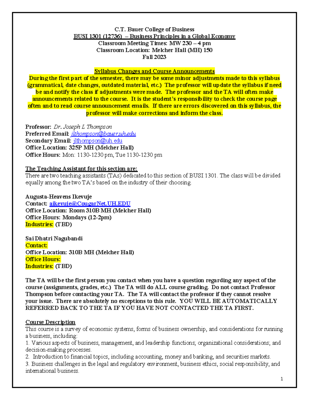 Busi 1301 MW Lg Sec 12736 - C. Bauer College of Business BUSI 1301 ...