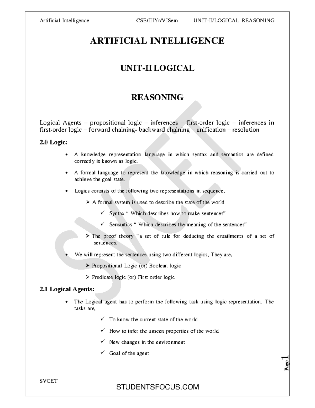 Artificial Intelligence question bank computer engineering Unit 2 - SVCET Pag e 1 ARTIFICIAL ...