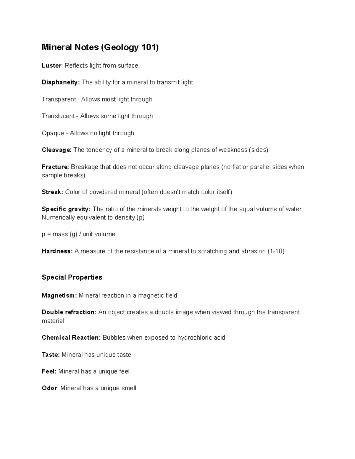 Geology mineral notes - Mineral Notes (Geology 101) Luster: Reflects ...