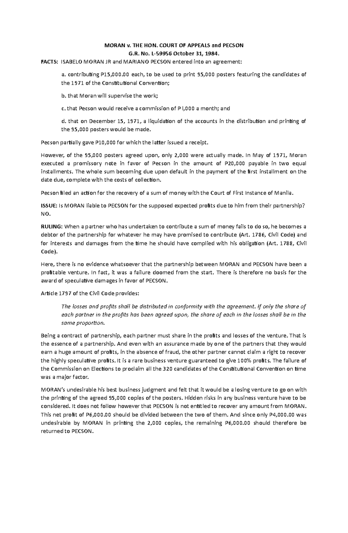Moran v - CASE - MORAN v. THE HON. COURT OF APPEALS and PECSON G. No. L ...