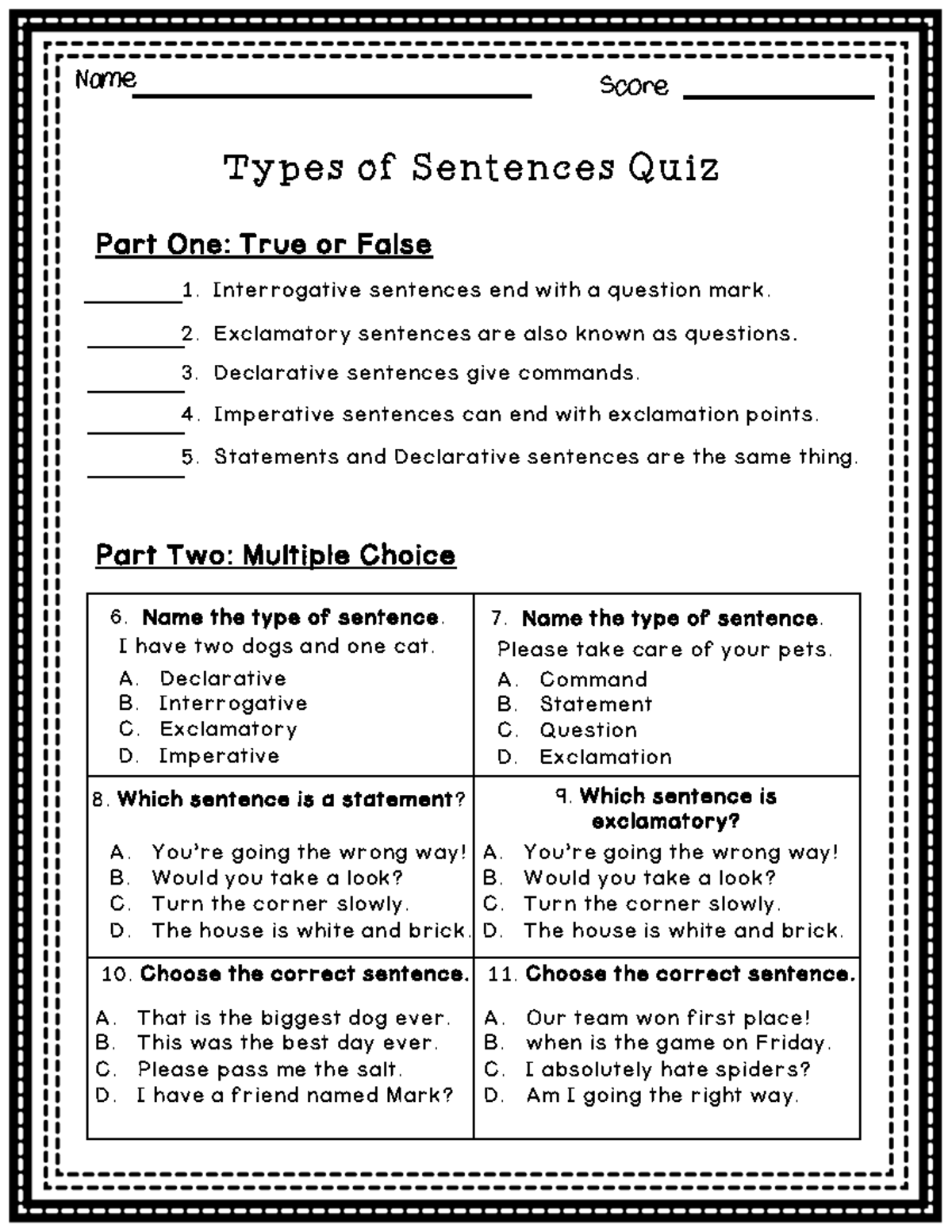 Typesof Sentences Quiz-1 - Name Types of Sentences Quiz Score ####### 1 ...