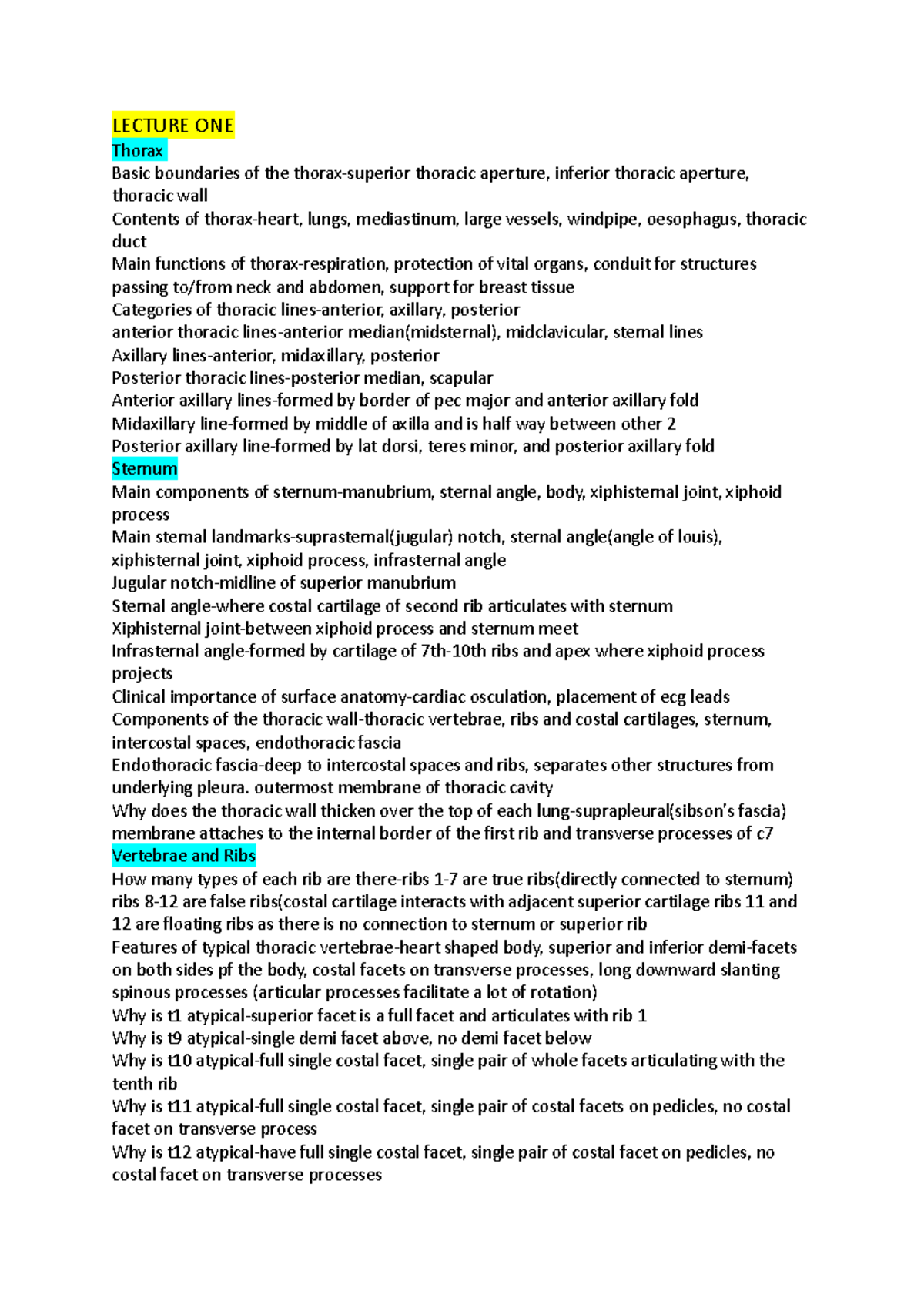TAP notes 1 - LECTURE ONE Thorax Basic boundaries of the thorax ...