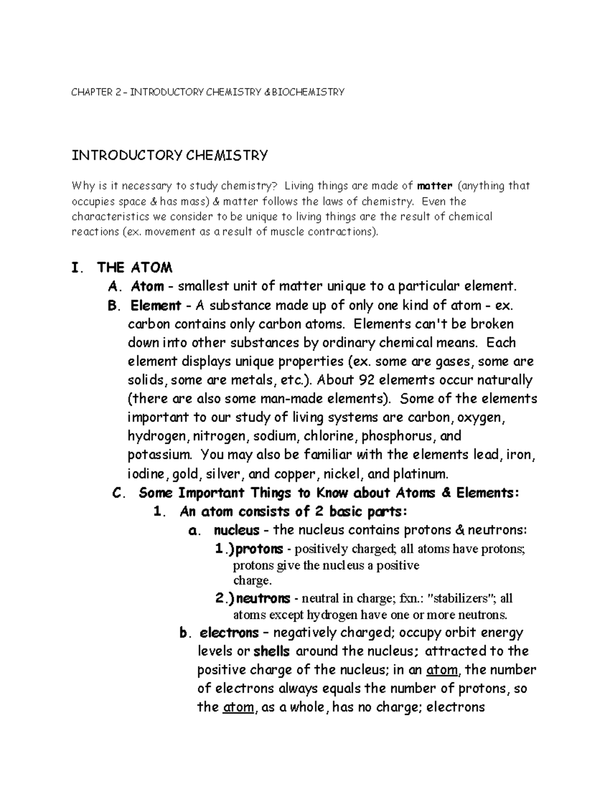 Chapter 2 - notes - CHAPTER 2 – INTRODUCTORY CHEMISTRY & BIOCHEMISTRY ...