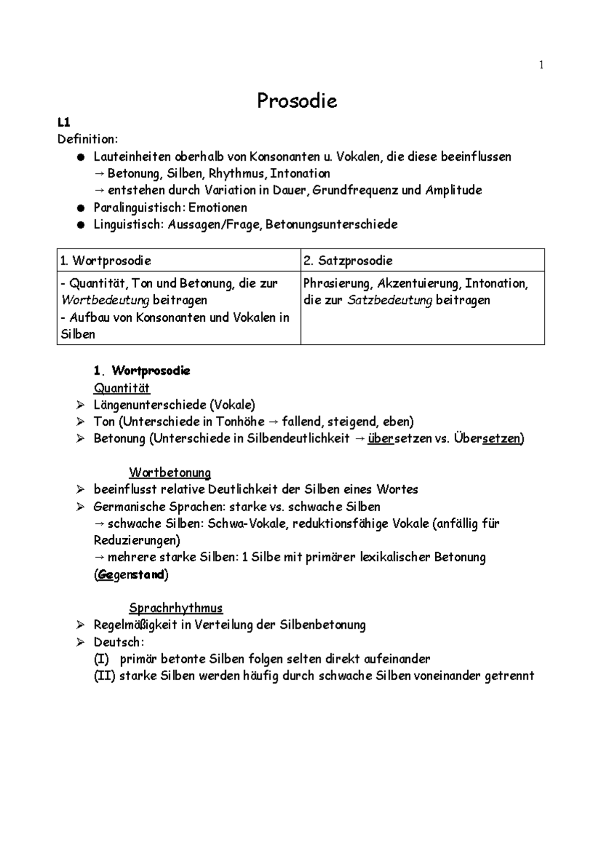 Zusammenfassung Prosodie - Prosodie L Definition: Lauteinheiten ...