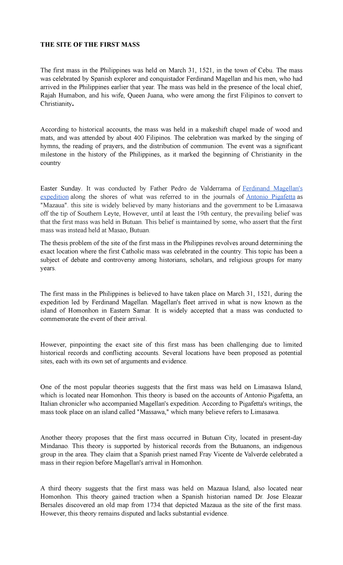 THE SITE OF THE First MASS - THE SITE OF THE FIRST MASS The first mass ...