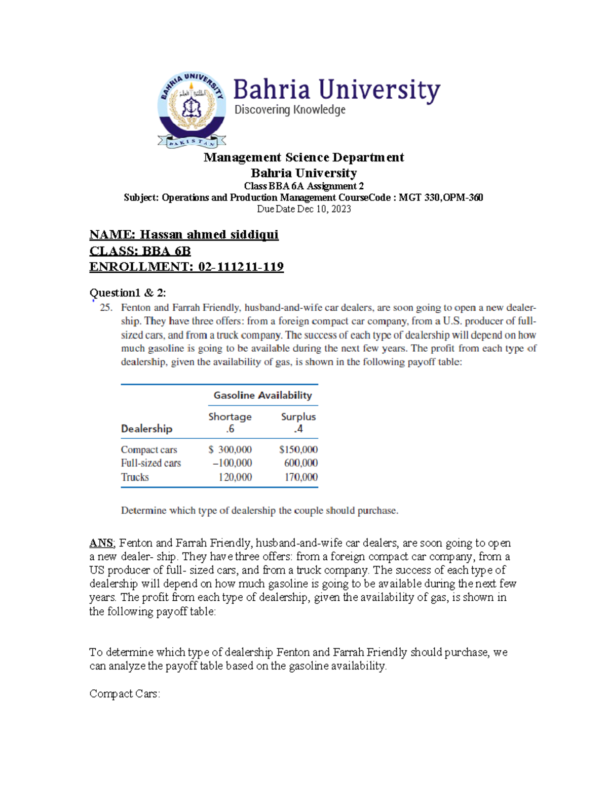 OPM ASSI - Management Science Department Bahria University Class BBA 6A Assignment 2 Subject ...