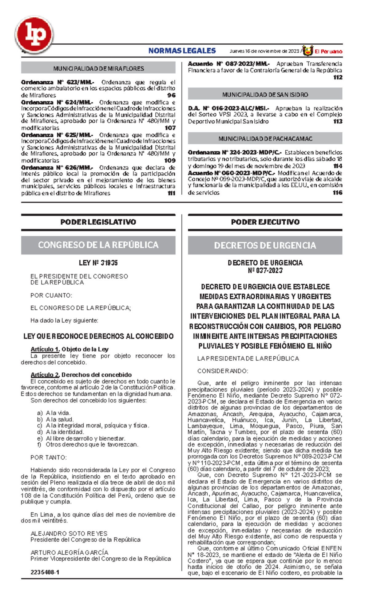 Ley 31935 - LEY - 4 NORMAS LEGALES Jueves 16 de noviembre de 2023 / El ...