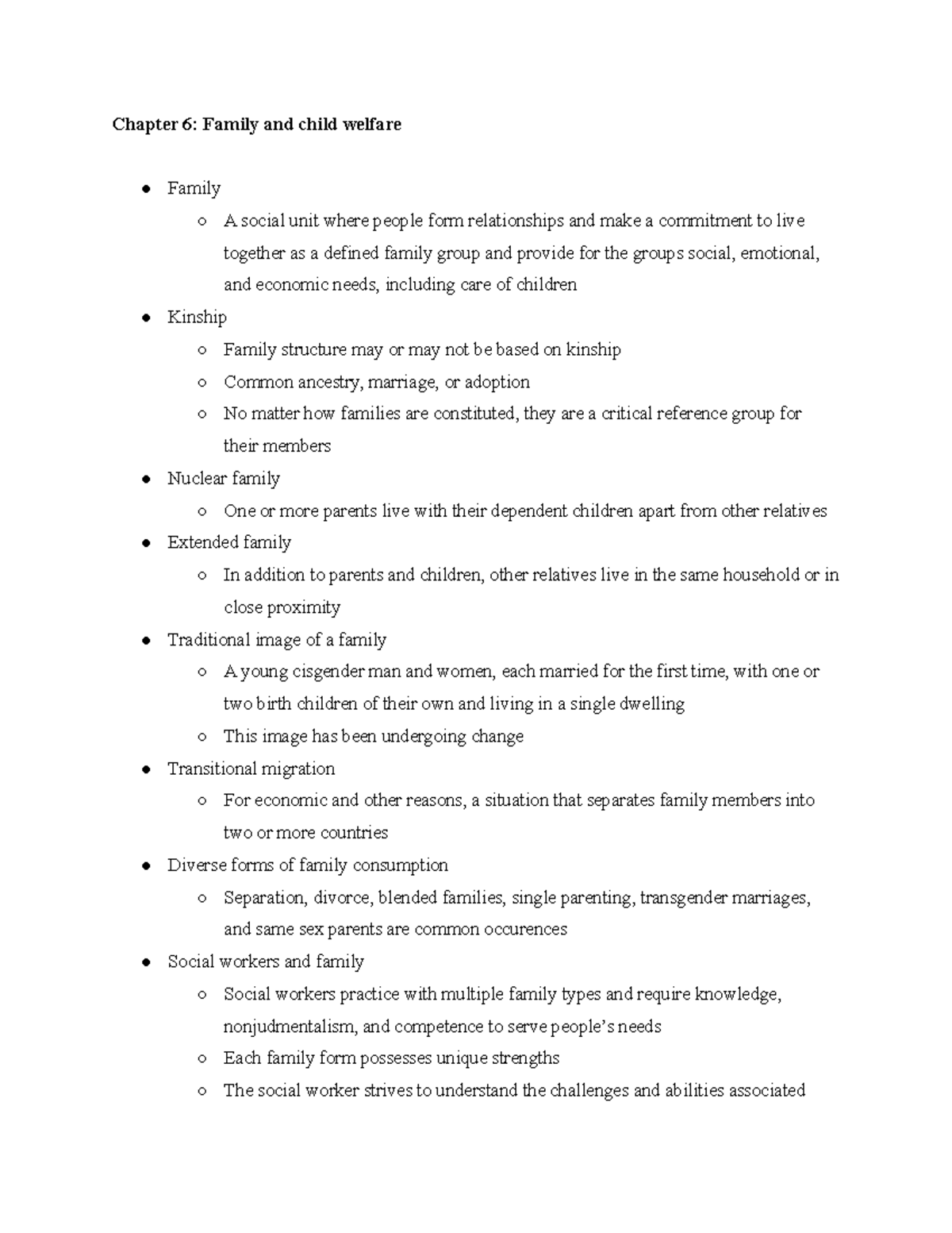 Chapter 6 Notes - Chapter 6: Family and child welfare Family A social ...