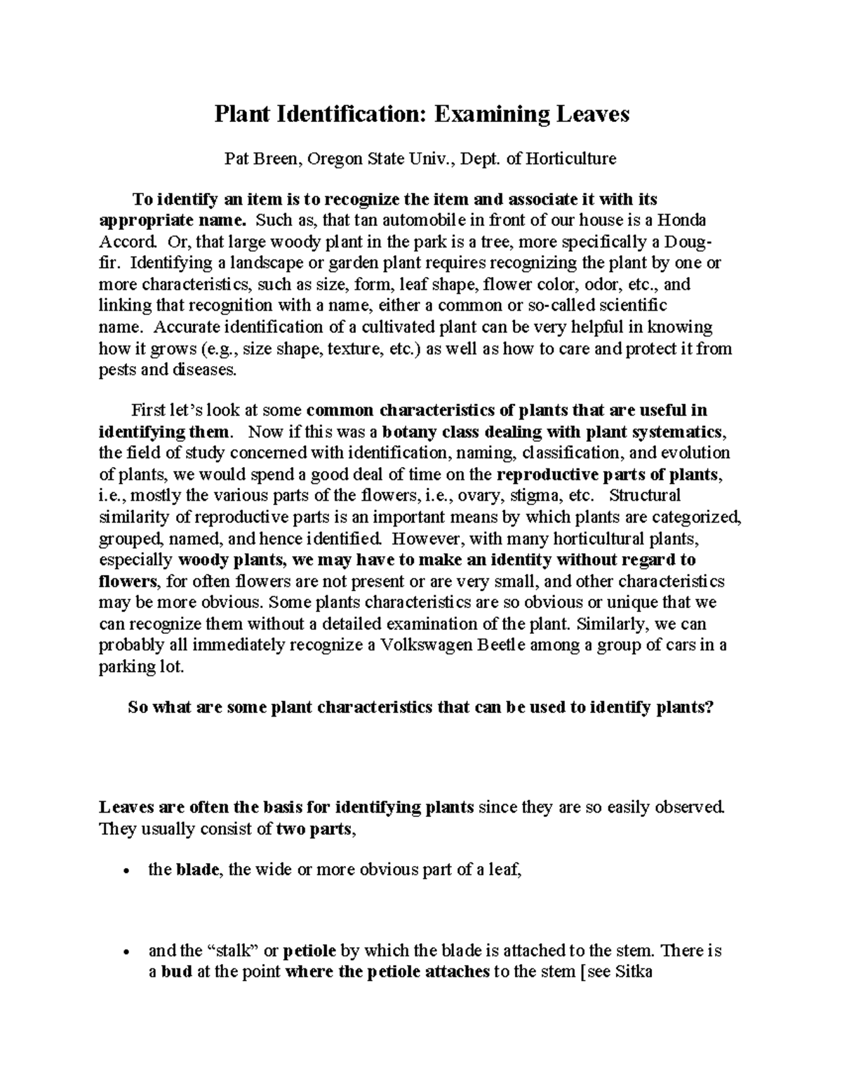 Plant Identification - , Dept. of Horticulture To identify an item is ...