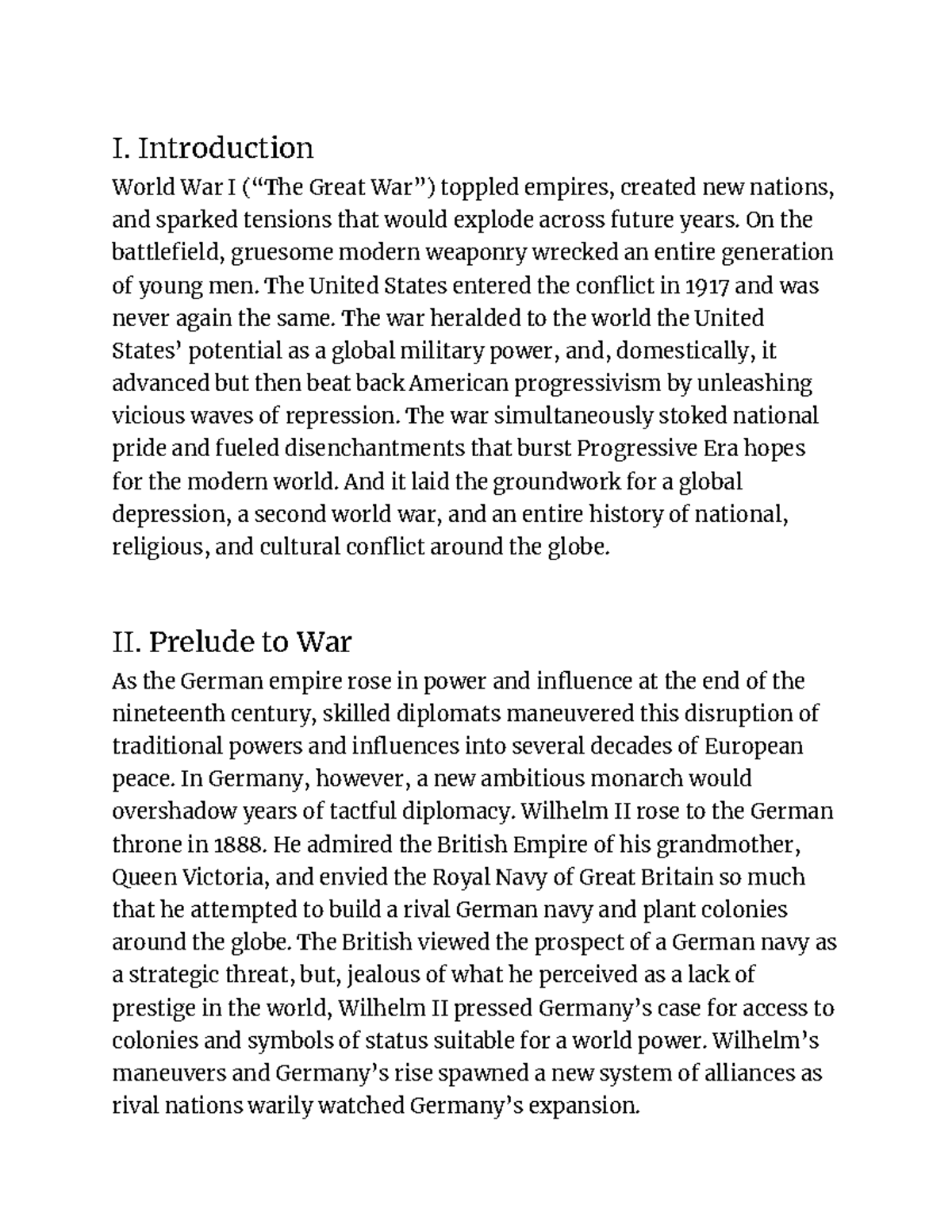 World War I and its Aftermath - I. Introduction World War I (“The Great ...