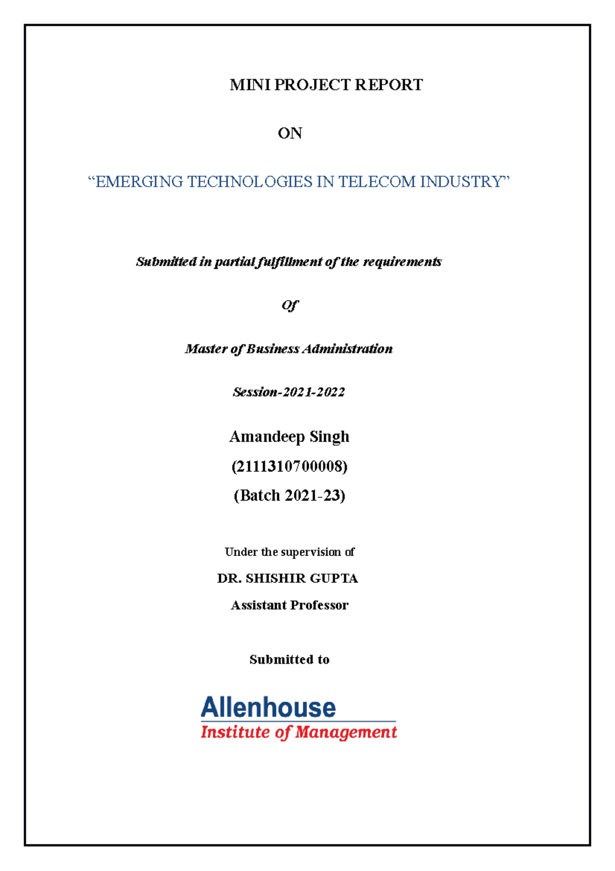 Telecom industry - MINI PROJECT REPORT ON “EMERGING TECHNOLOGIES IN ...