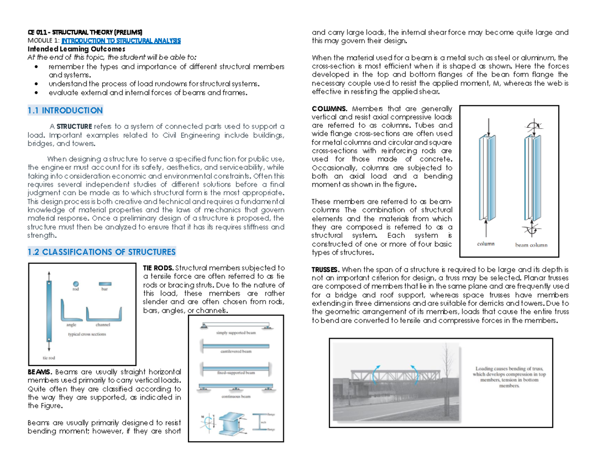 TOS Module 1 Reviewer - CE 011 - STRUCTURAL THEORY (PRELIMS) MODULE 1: INTRODUCTION TO ...