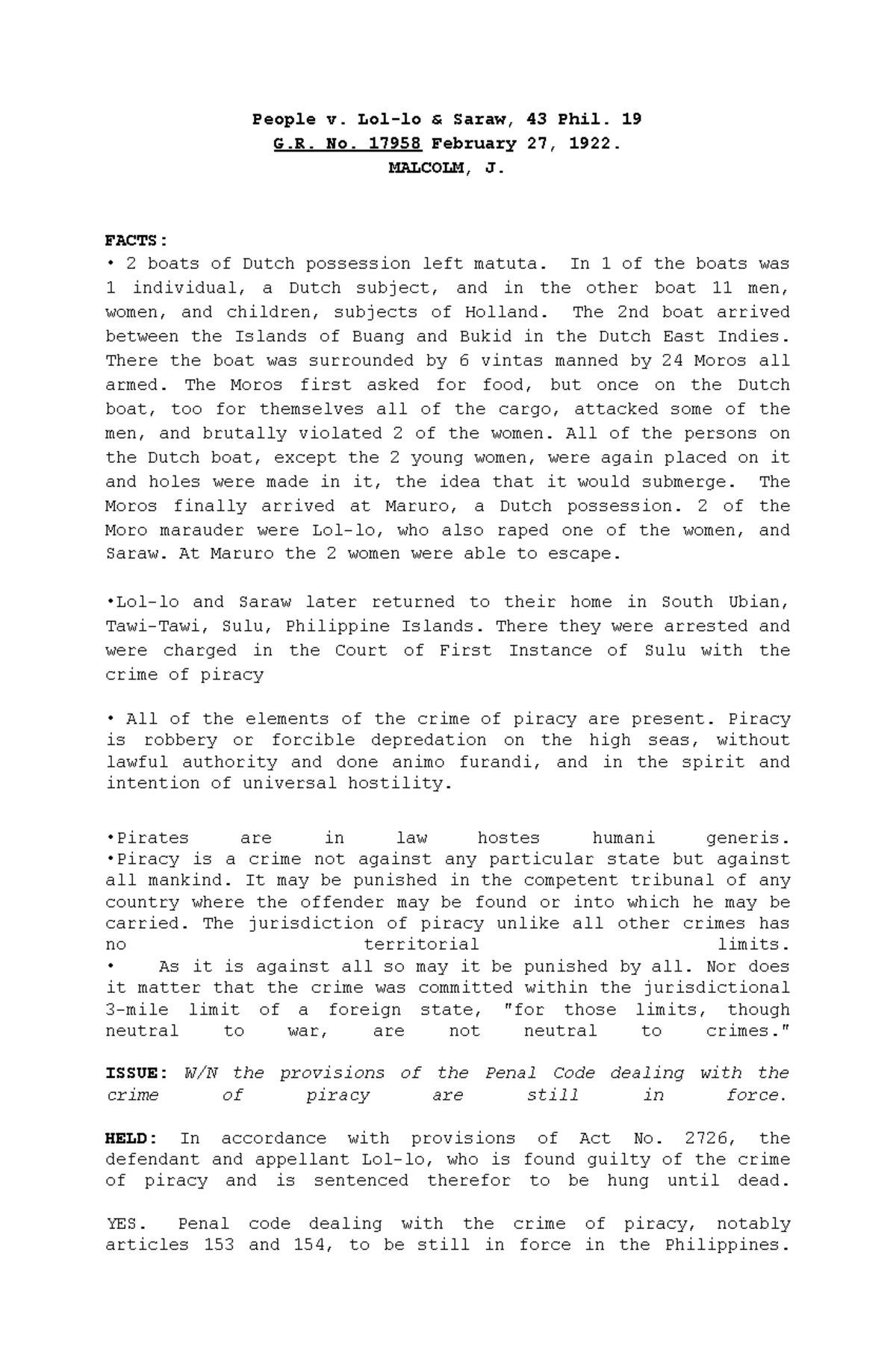 Case-digest - Summary Juris Doctor - People v. Lol-lo & Saraw, 43 Phil ...