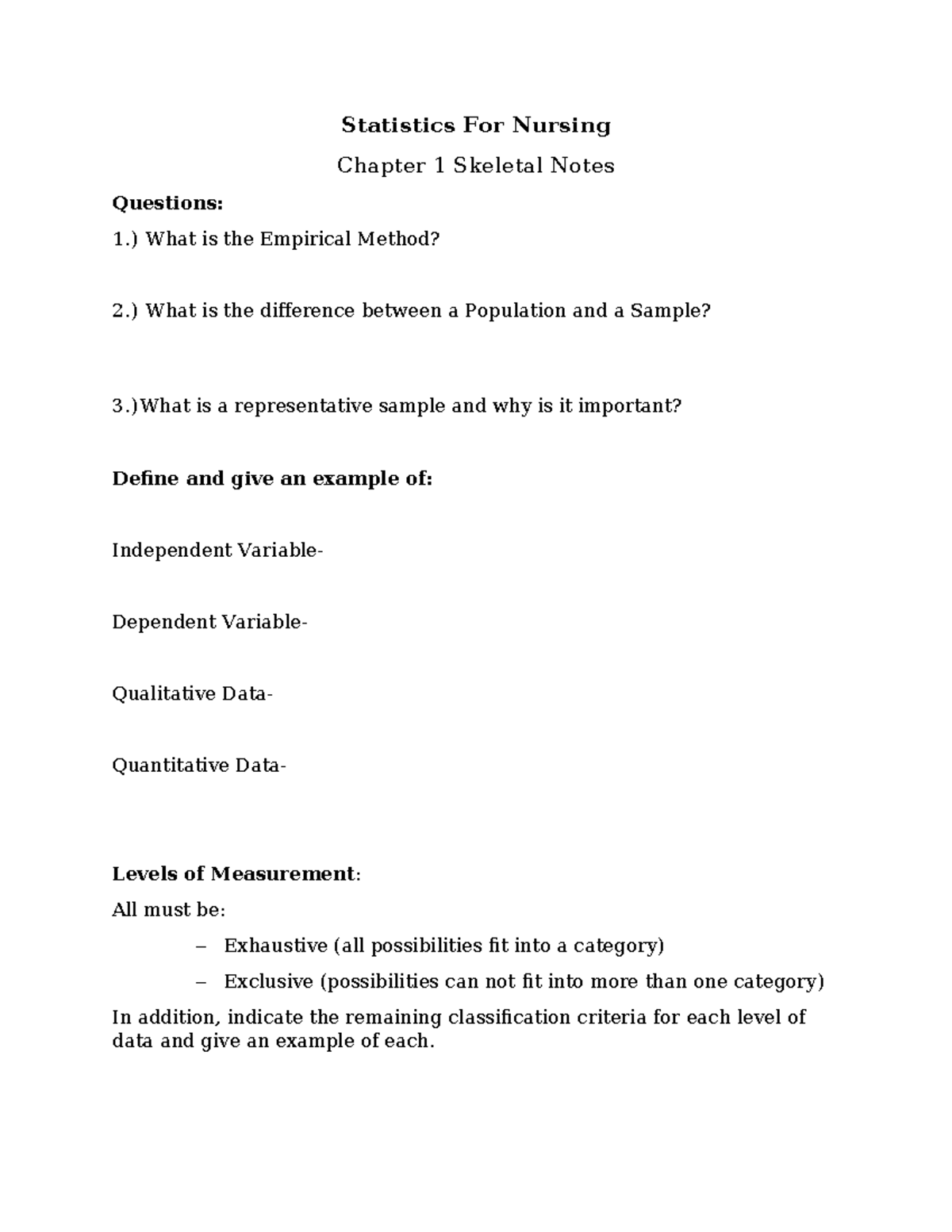 9781284142037 CH01 Skeletal Notes - Statistics For Nursing Chapter 1 ...