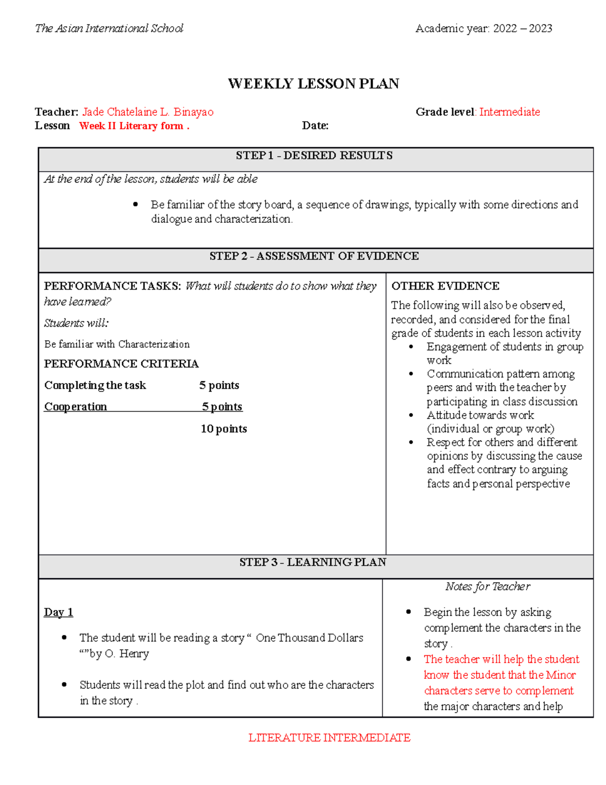 TB LIT week 12 - lesson plan - The Asian International School Academic ...