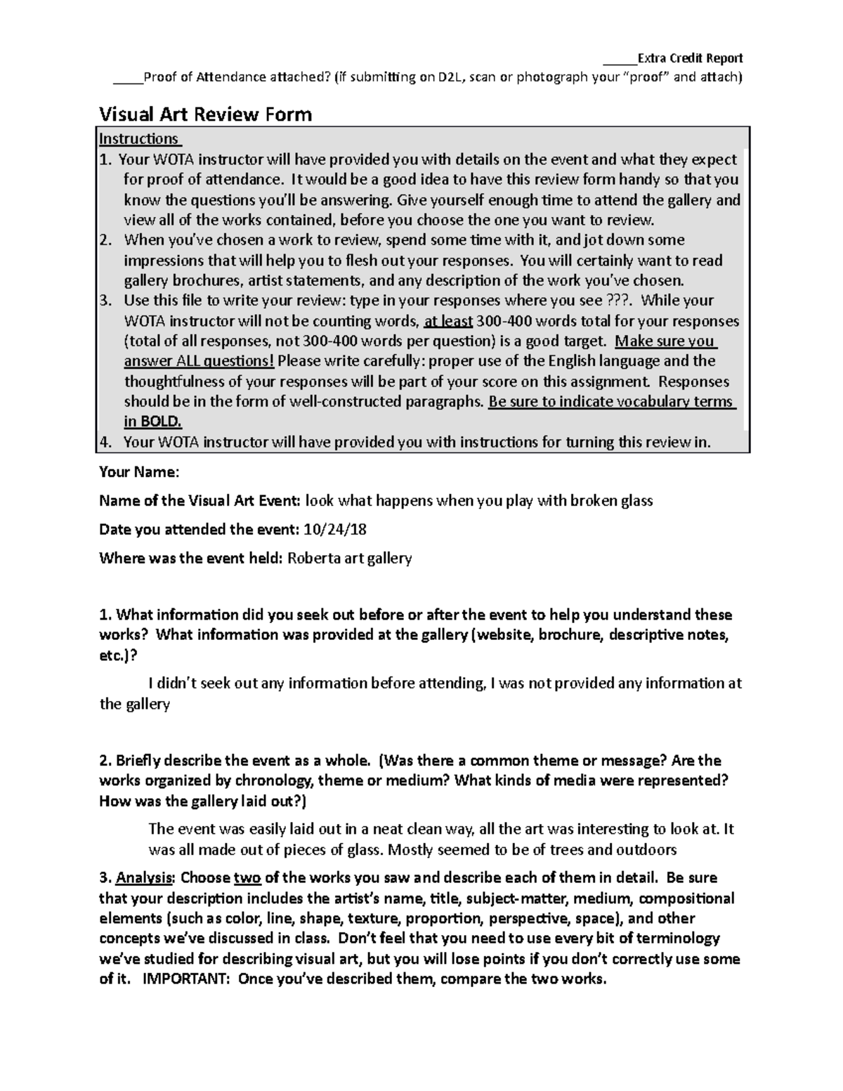 Visual Art Review - one of 4 mandatory assignments - _____Extra Credit ...