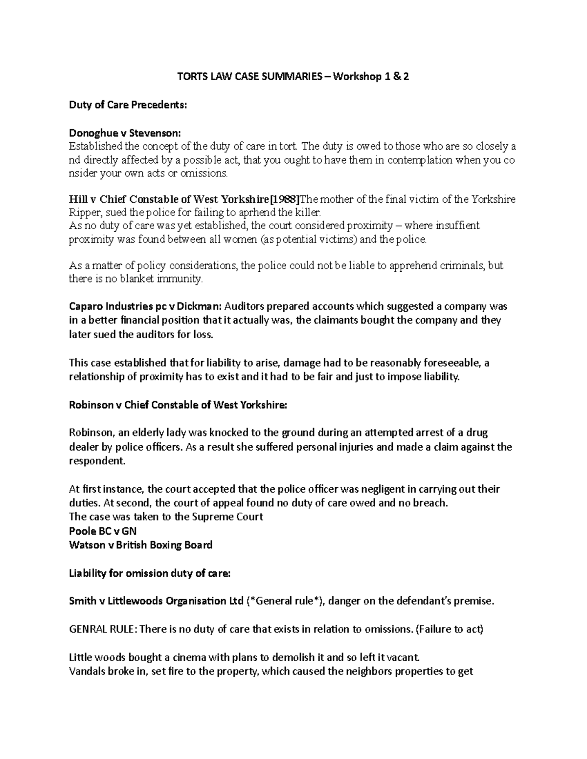 Cases Torts W1-2 - TORTS LAW CASE SUMMARIES – Workshop 1 & 2 Duty of ...