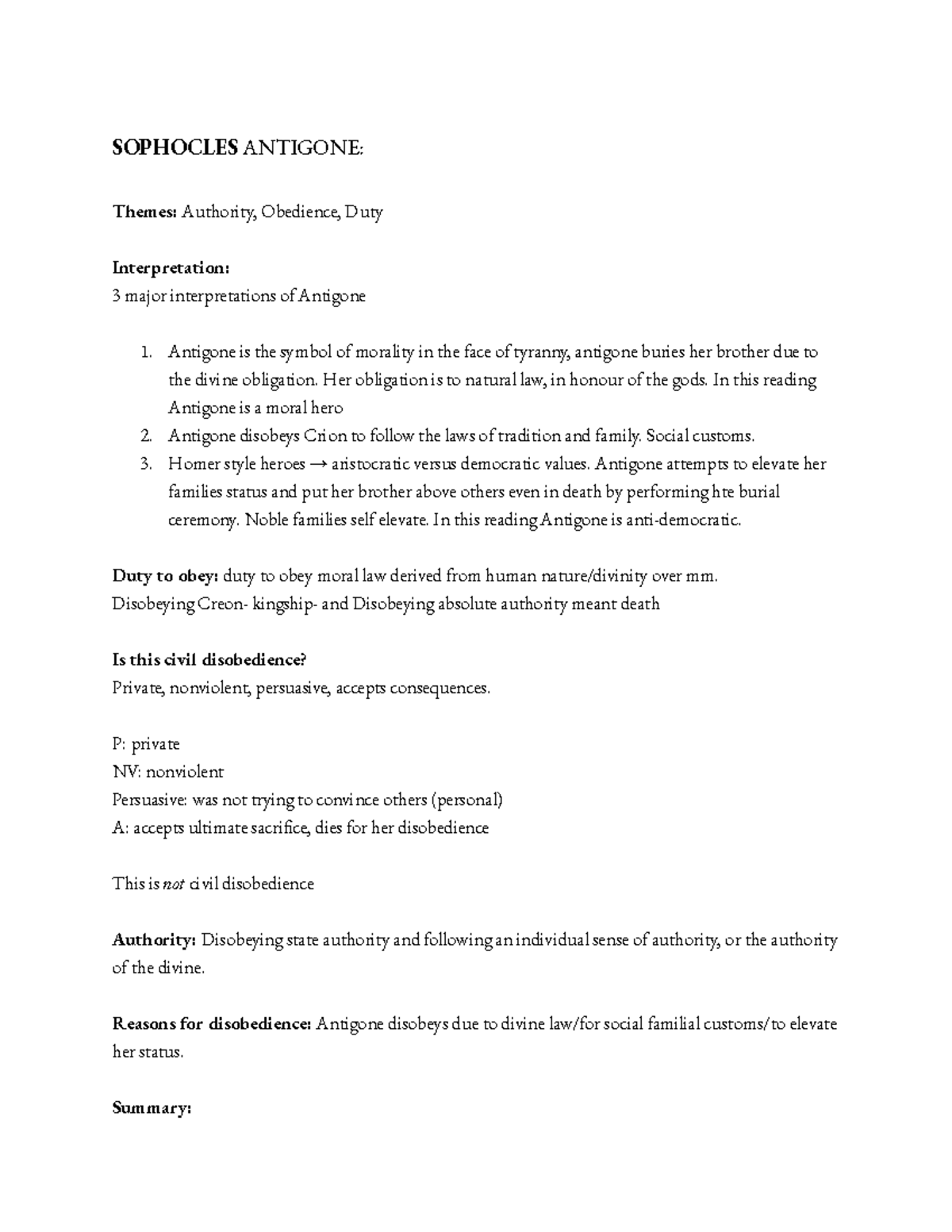 Poli sci notes - SOPHOCLES ANTIGONE: Themes: Authority, Obedience, Duty ...