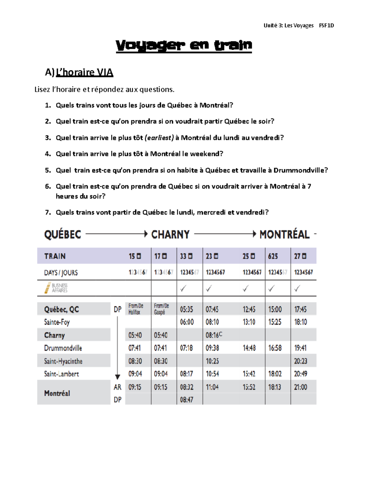 En train - Exercices - French reading exercises - Unité 3: Les Voyages ...