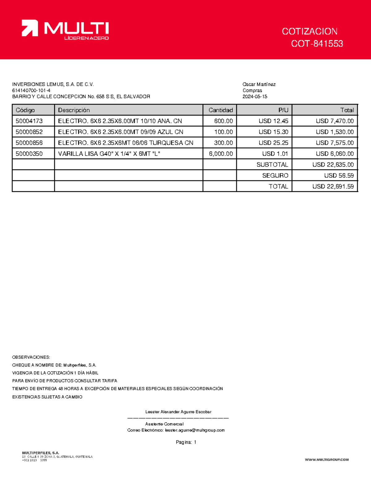 COT-15.05.2024 Inversiones - COTIZACION COT- INVERSIONES LEMUS, S. DE C ...
