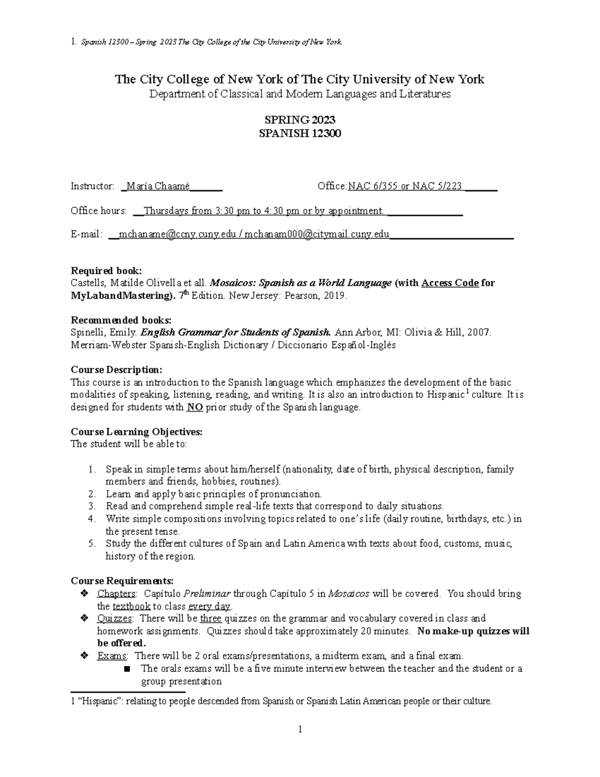 Spanish 12300- Pathways Mosaicos Spring 2023 - The City College of New York of The City ...