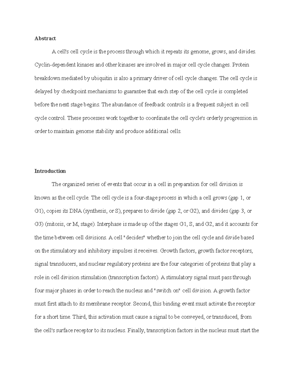 Cell Cycle Scientific Paper - Abstract A cell's cell cycle is the ...