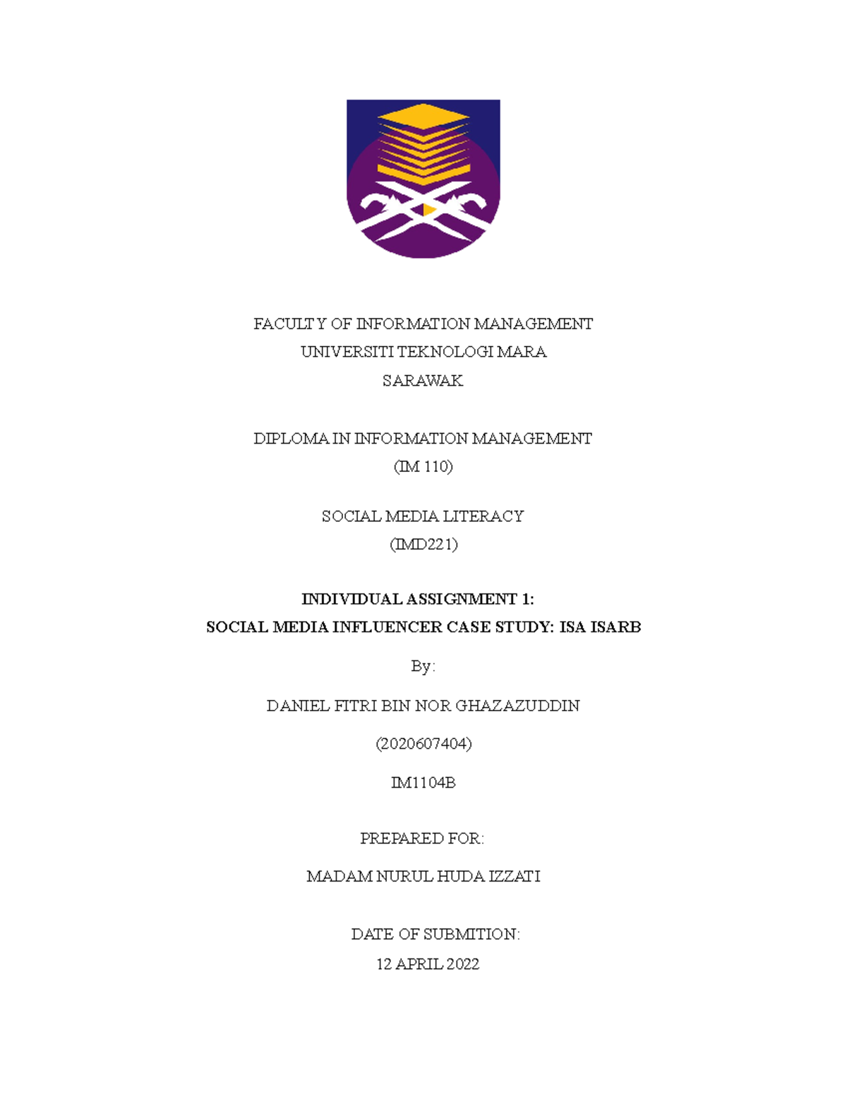 IMD211(ID1)-IM110 3B- Daniel Fitri BIN NOR Ghazazuddin - FACULTY OF ...