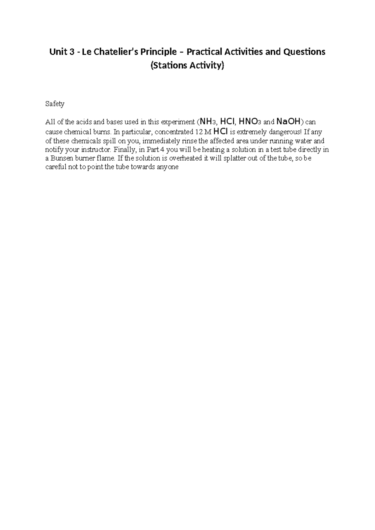 Le Chatelier's Principle Practical activities - CHEM - Unit 3 - Le ...
