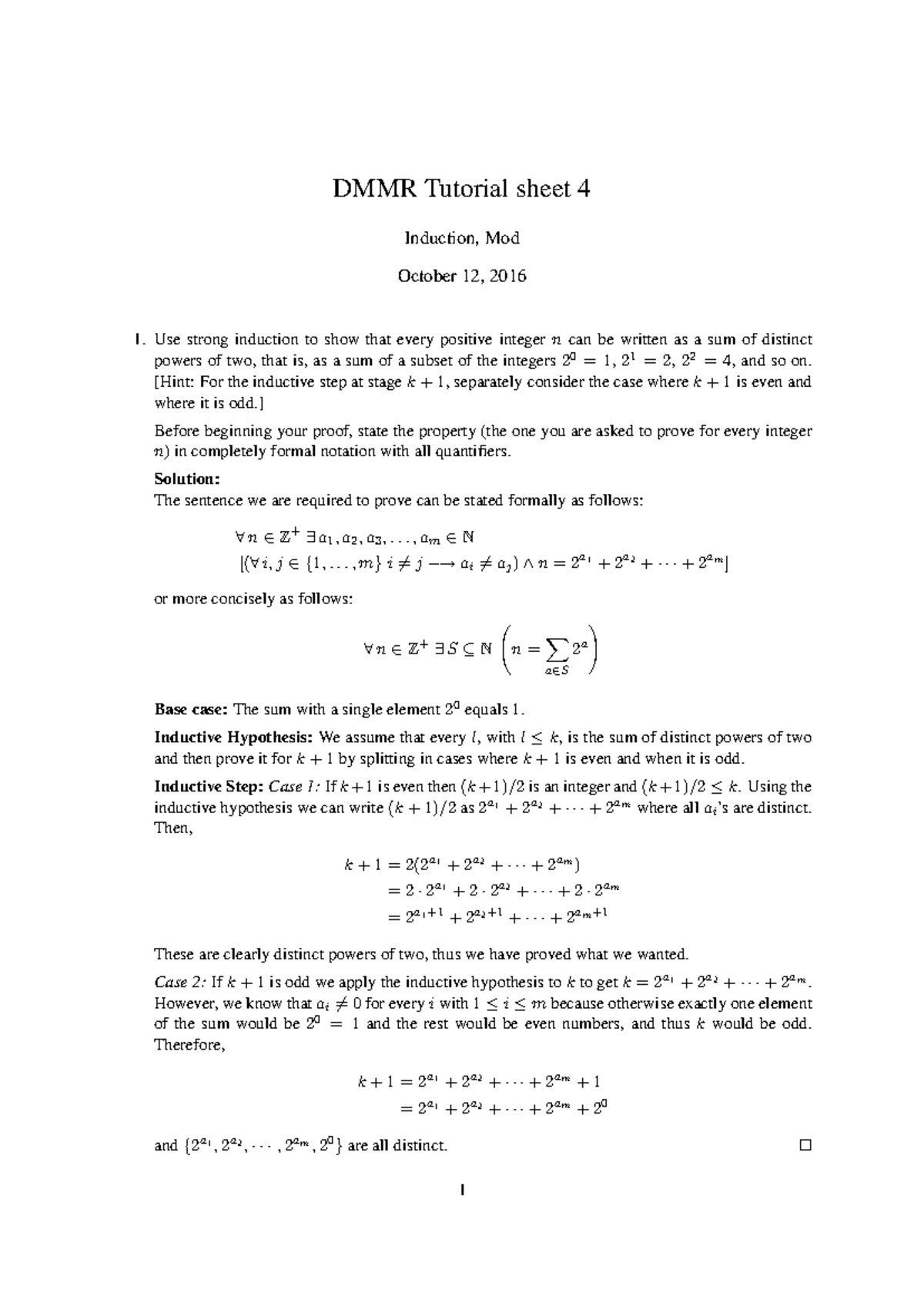 Tutorial 4 Sol - DMMR Tutorial sheet 4 Induction, Mod October 12, 2016 ...