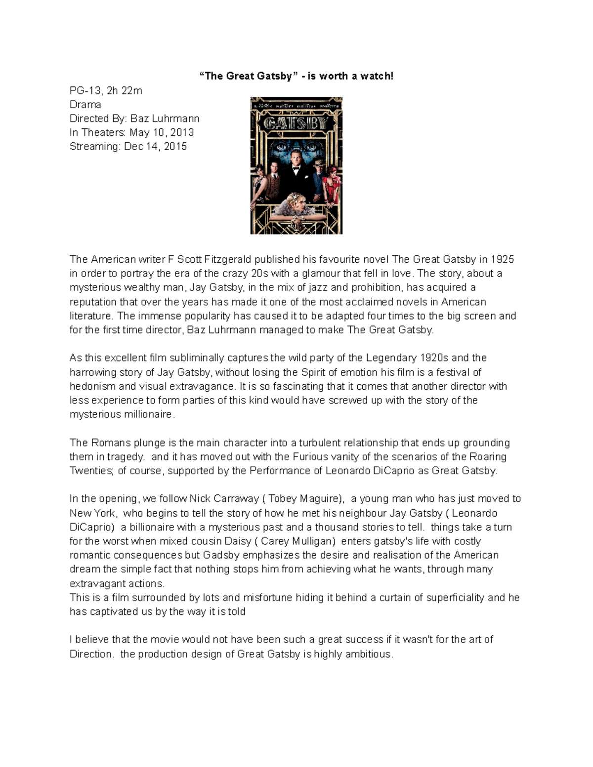 “The Great Gatsby” - review - “The Great Gatsby” - is worth a watch! PG ...