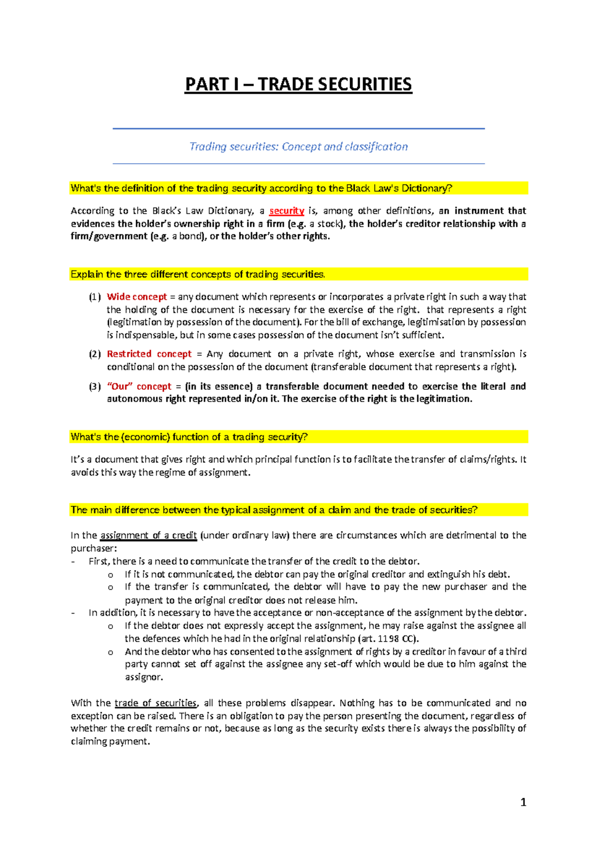 PART I – Trade Securities - PART I – TRADE SECURITIES Trading ...