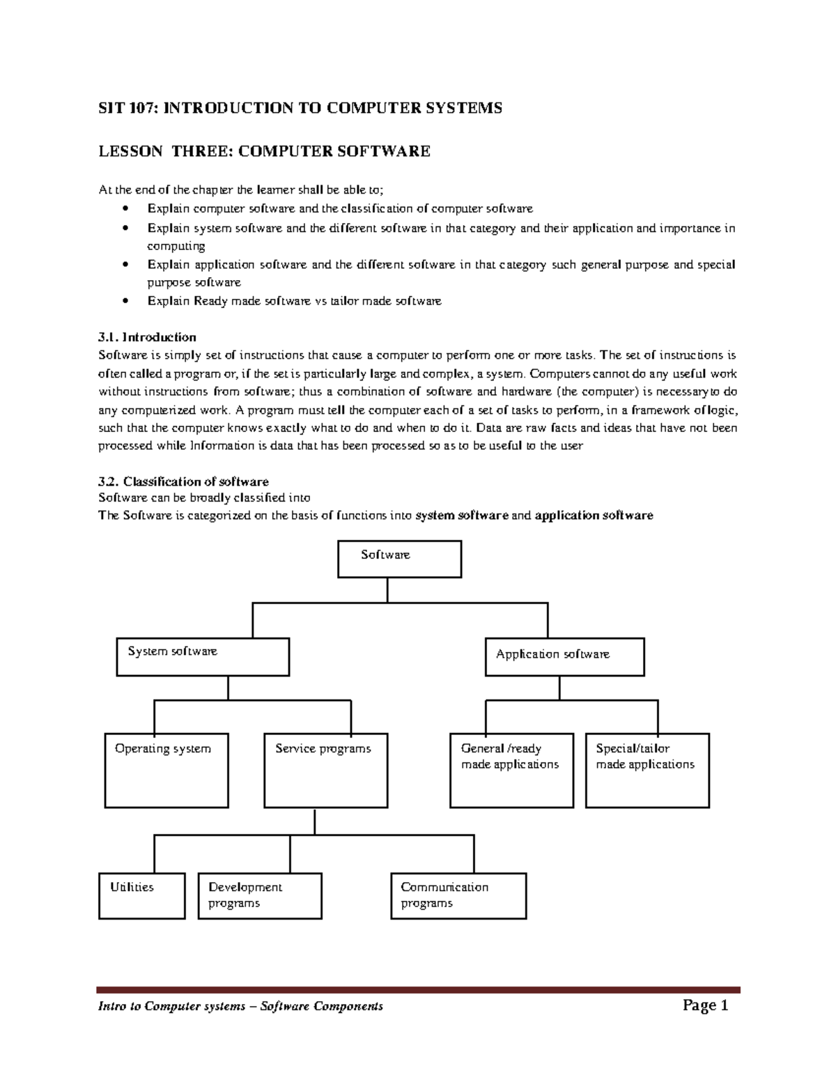Lesson 3 - Computer Software - SIT 107: INTRODUCTION TO COMPUTER SYSTEMS LESSON THREE: COMPUTER ...