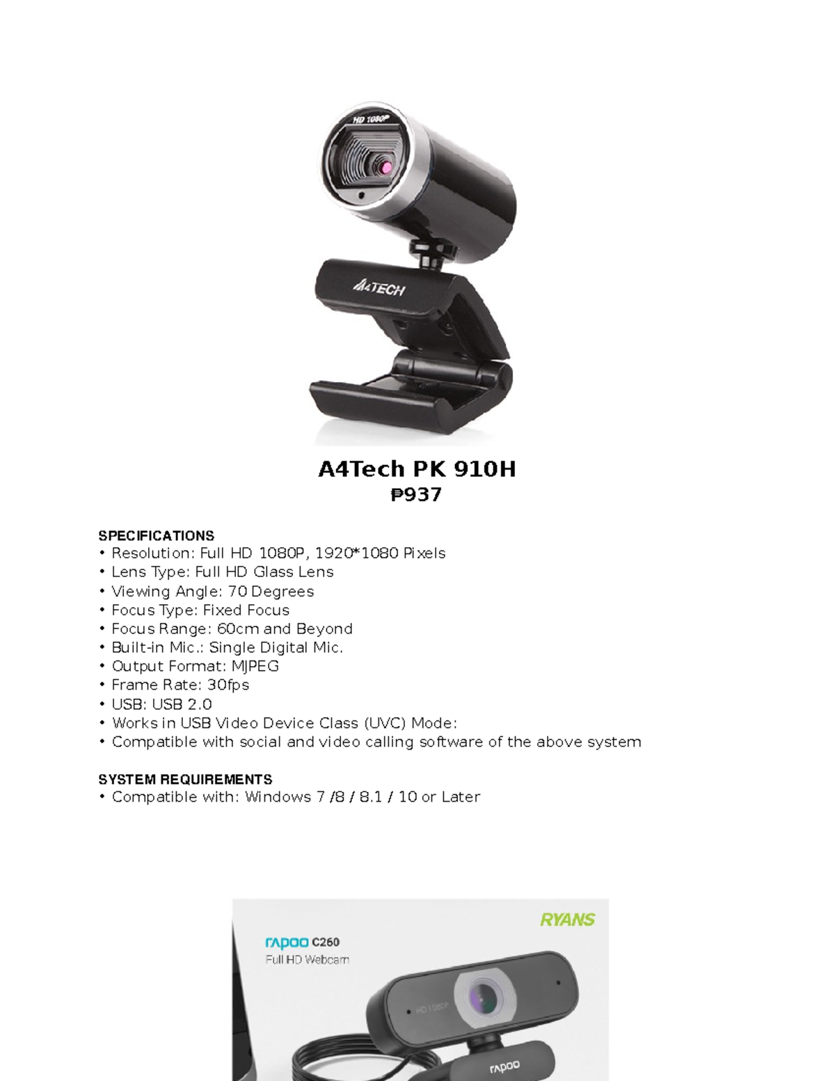 Webcam Choices for Purchase - A4Tech PK 910H ₱ 937 𝗦𝗣𝗘𝗖𝗜𝗙𝗜𝗖𝗔𝗧𝗜𝗢𝗡𝗦 ...