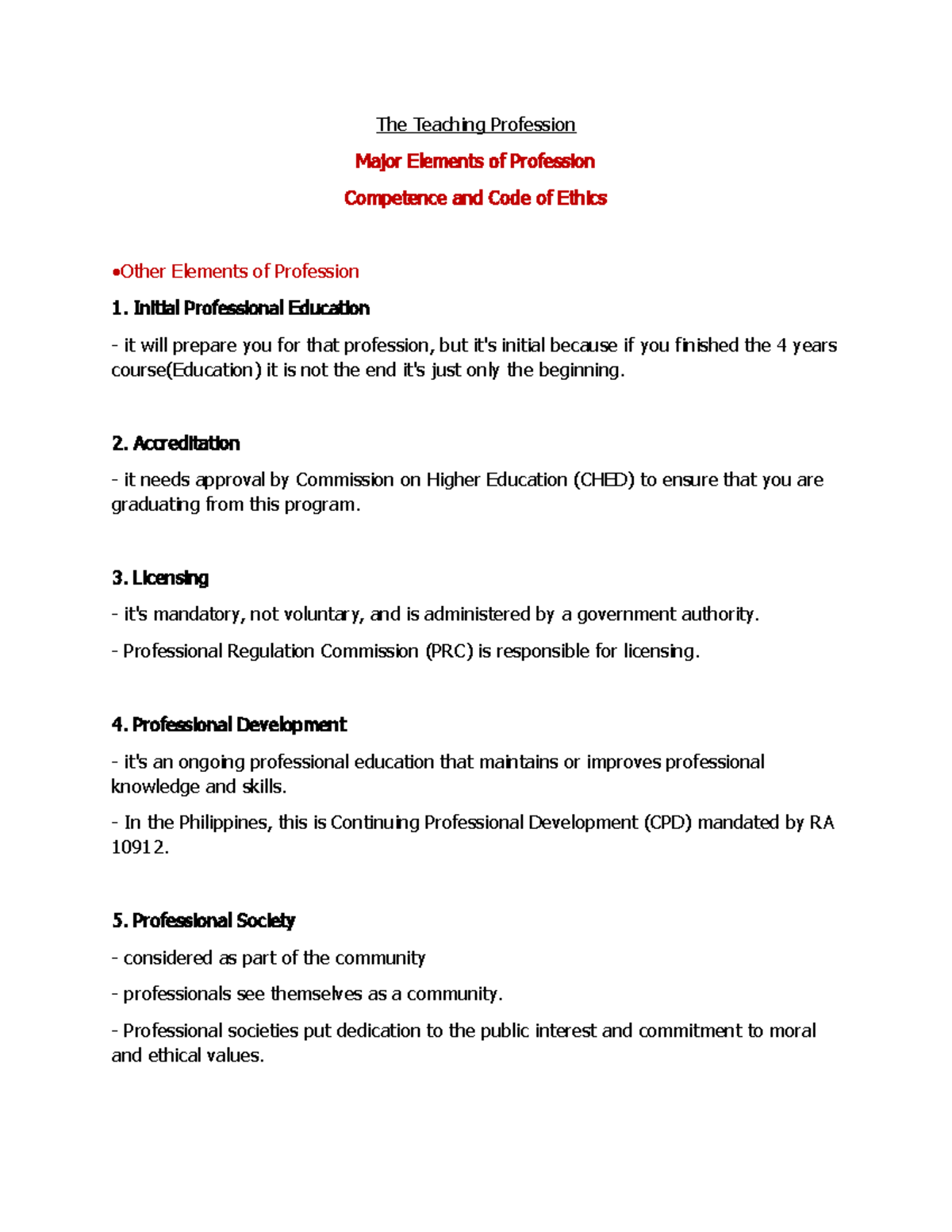 Competence and Code of Ethics - The Teaching Profession Major Elements ...