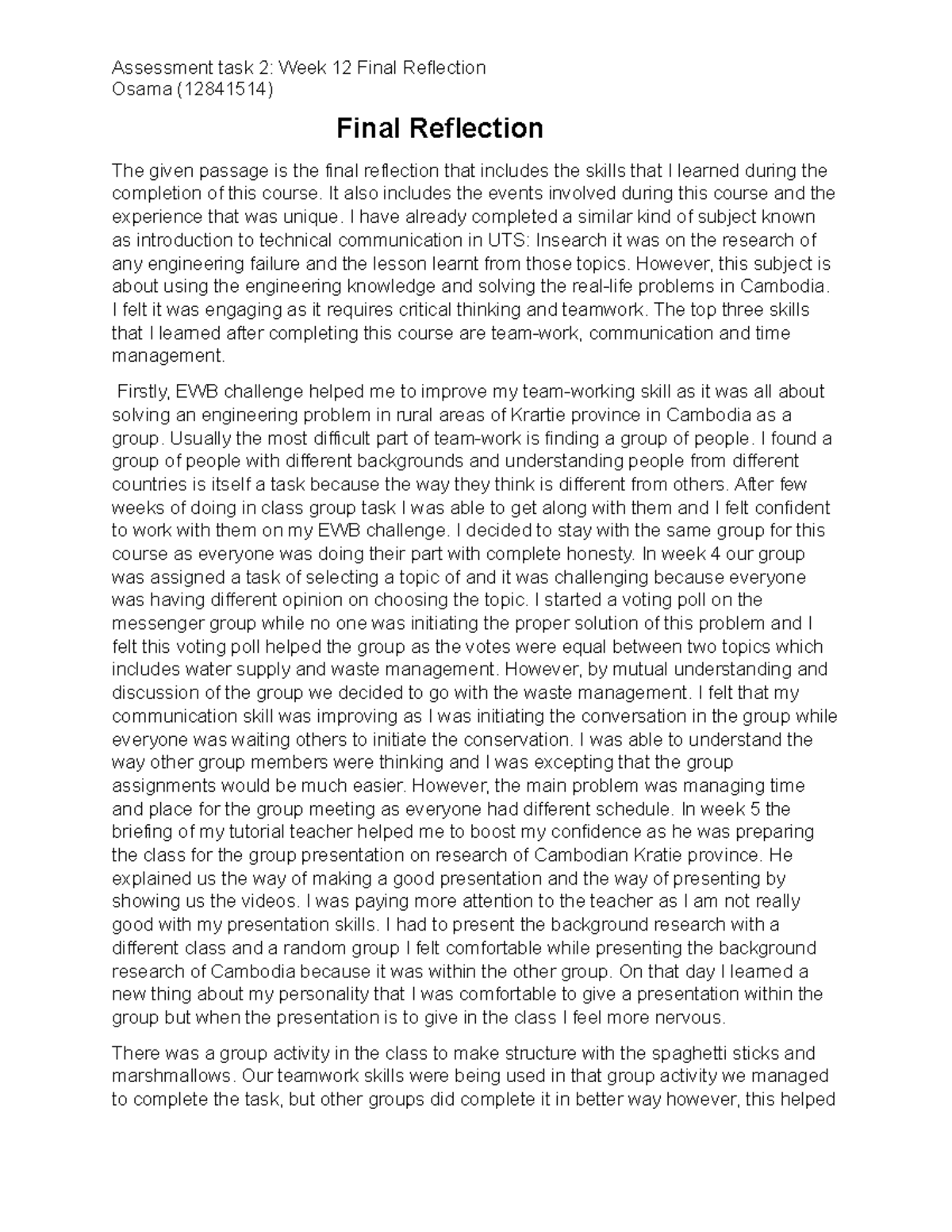 Final reflection engg com - Assessment task 2: Week 12 Final Reflection ...