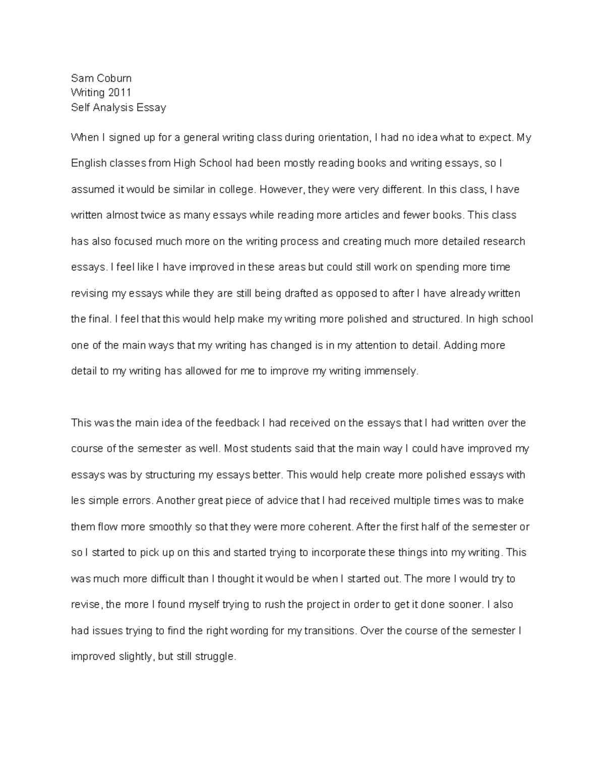 Self Analysis Essay - Dr. Clark - Sam Coburn Writing 2011 Self Analysis ...