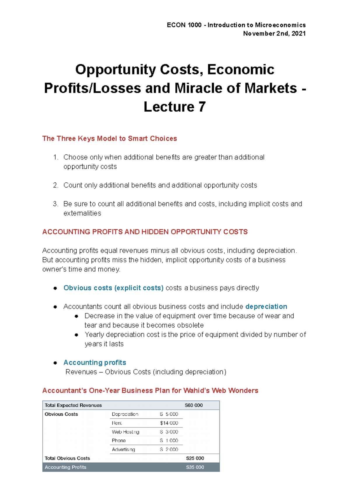 Lecture 7 Opportunity Costs, Economic P L, and Miracle of Markets ...