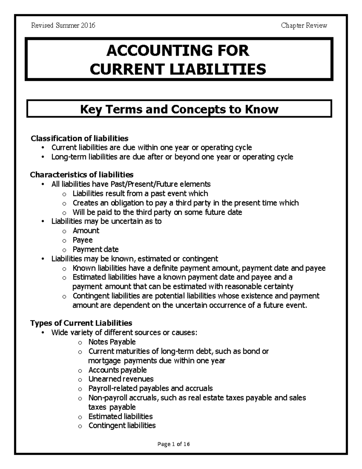 Current Liabilities - CR - ACCOUNTING FOR CURRENT LIABILITIES Key Terms ...