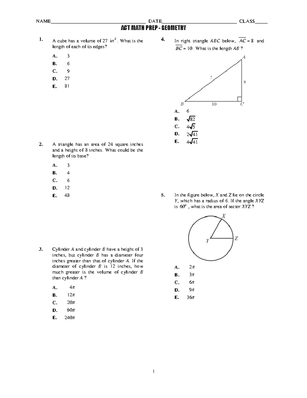 ACTMath Prep Geometry - ACT MATH PREP - GEOMETRY A cube has a volume of ...