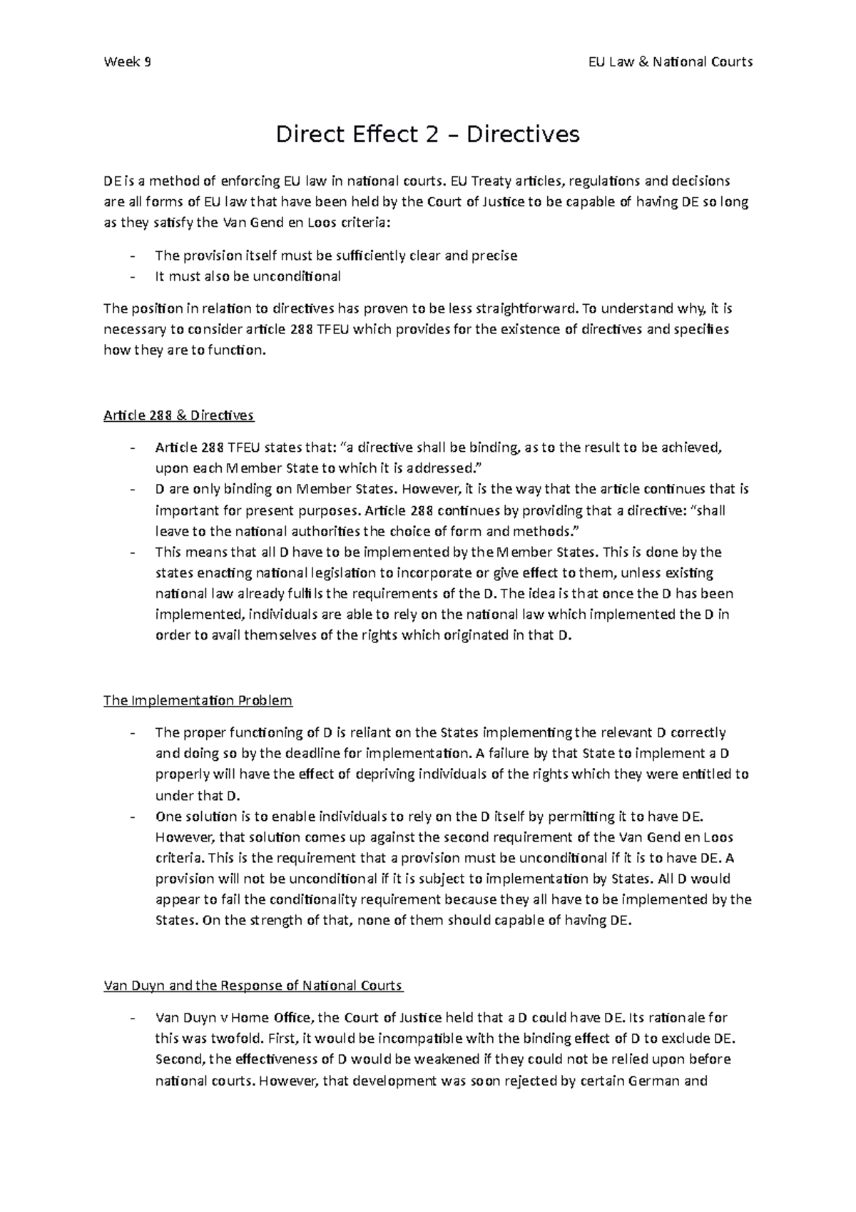 EU Law and National Courts - Direct Effect 2 – Directives DE is a ...