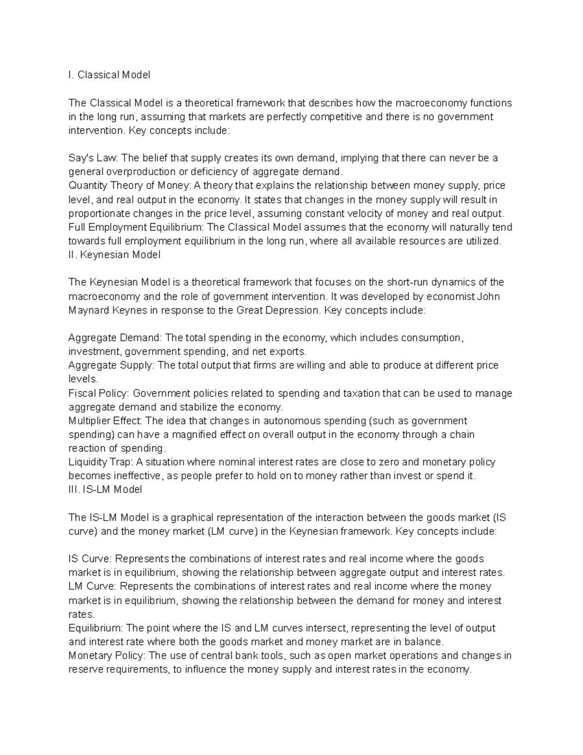 Models notes - I. Classical Model The Classical Model is a theoretical ...