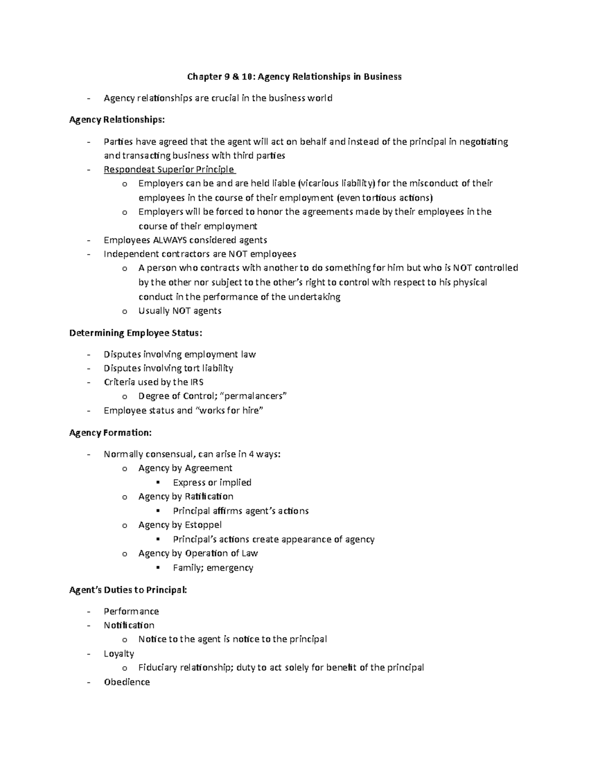 Chapter 9 - Agency Relationships in Business - Chapter 9 & 10: Agency ...