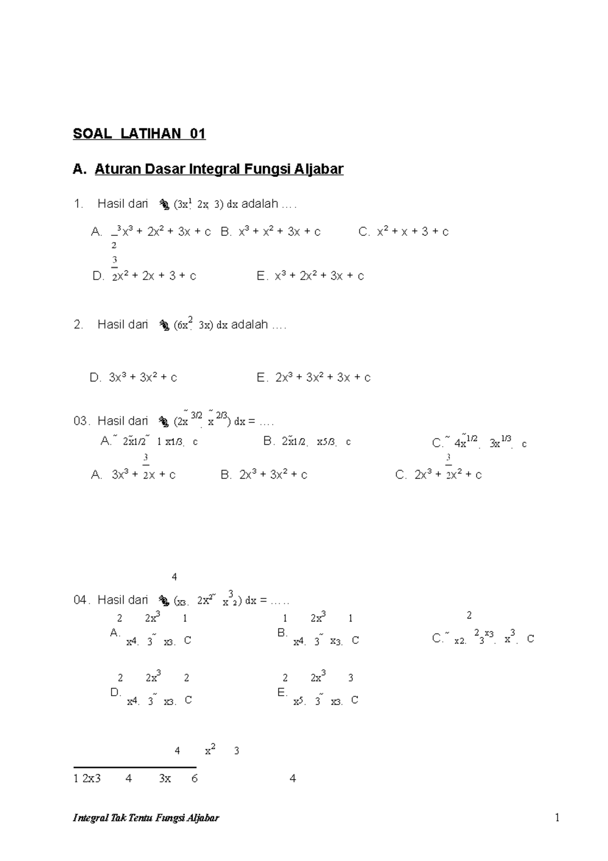 02-Soal Latihan 01-Aturan Dasar Integral Fungsi Aljabar - SOAL LATIHAN ...