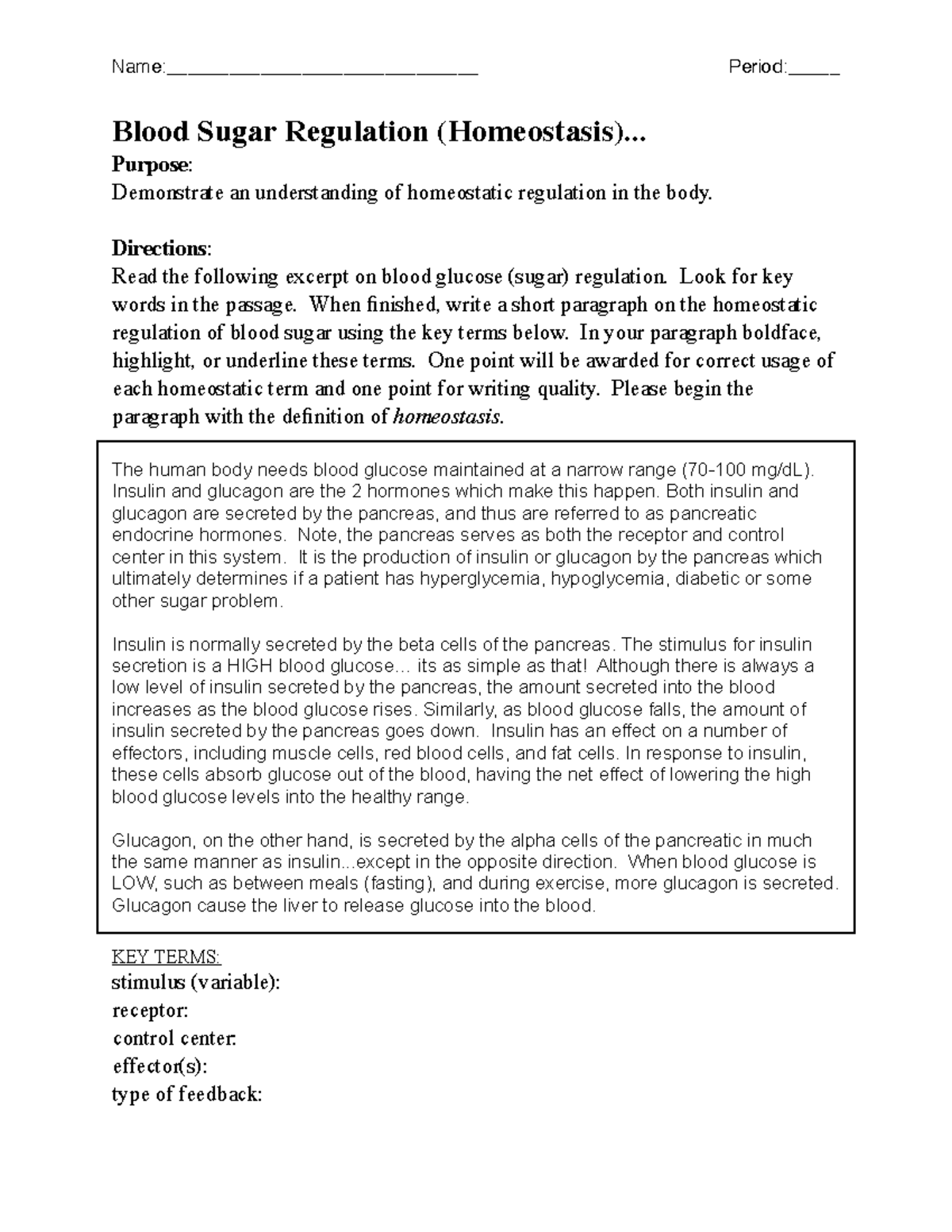 Homeostasis of Blood Glucose - Name ...